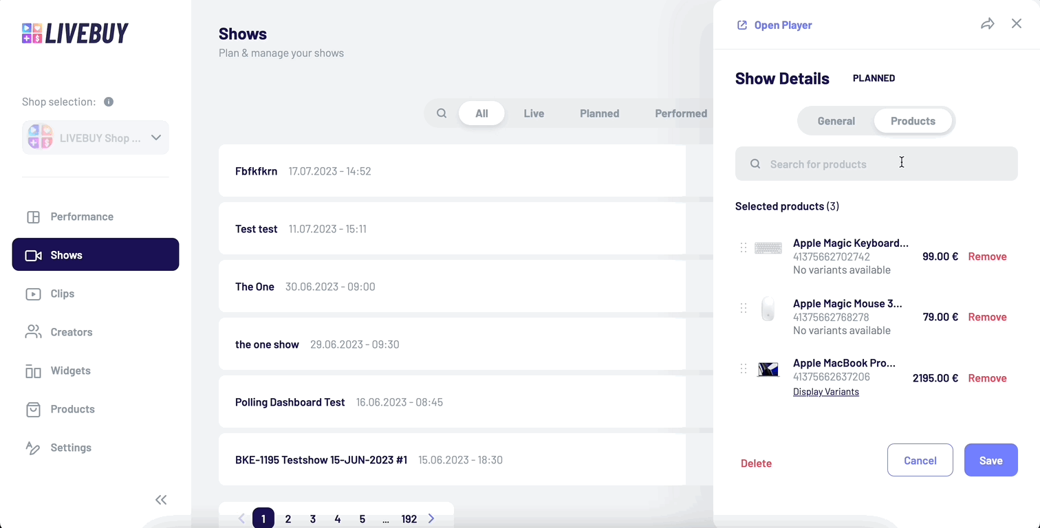 Manage Products for a Show in the Dashboard – LIVEBUY